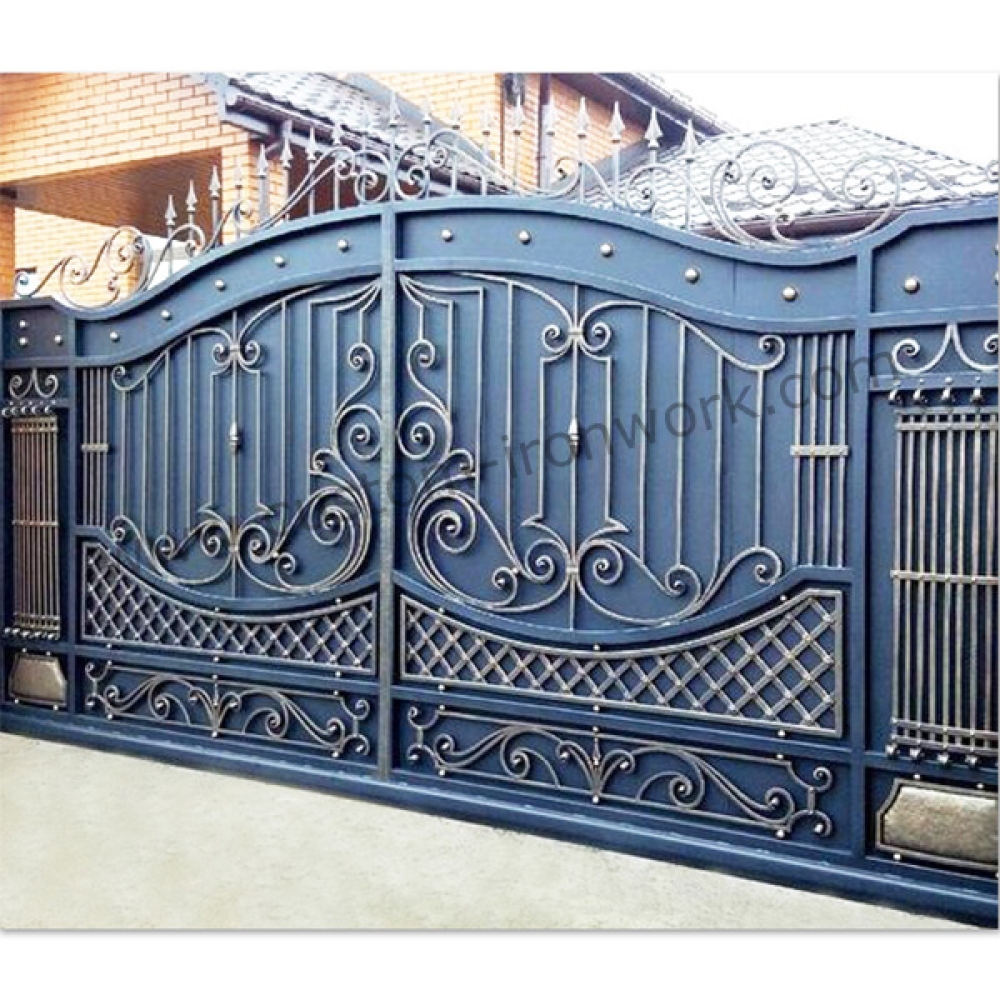 Totally handmade wrought iron electric sliding gate sealed with panel ...
